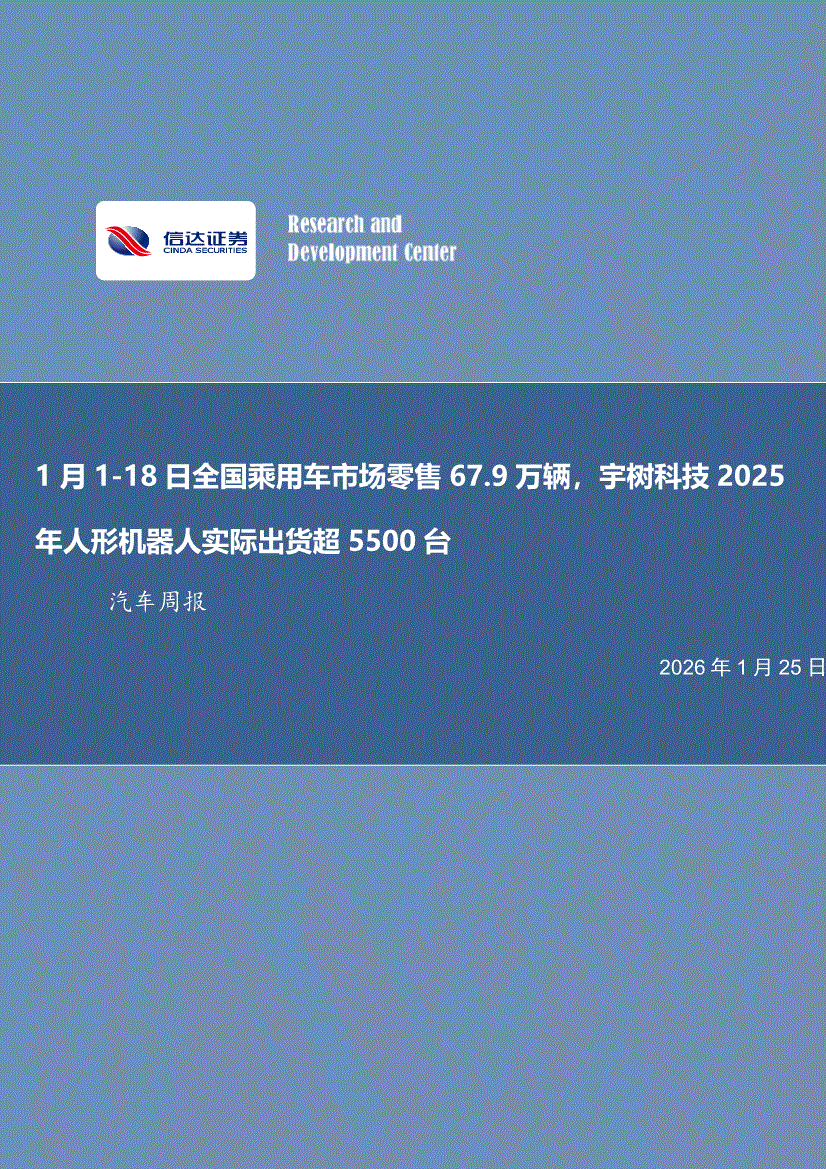 信达证券-汽车行业周报：1月1~18日全国乘用车市场零售67.9万辆，宇树科技2025年人形机器人实际出货超5500台-行业分析-慧博投研资讯