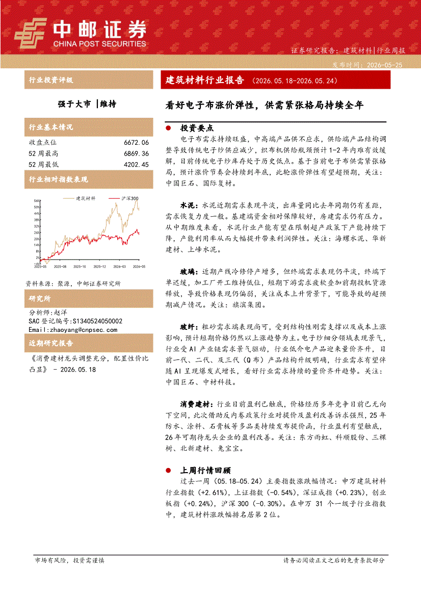 中邮证券-建筑材料行业周报：看好电子布涨价弹性，供需紧张格局持续全年-行业分析-慧博投研资讯